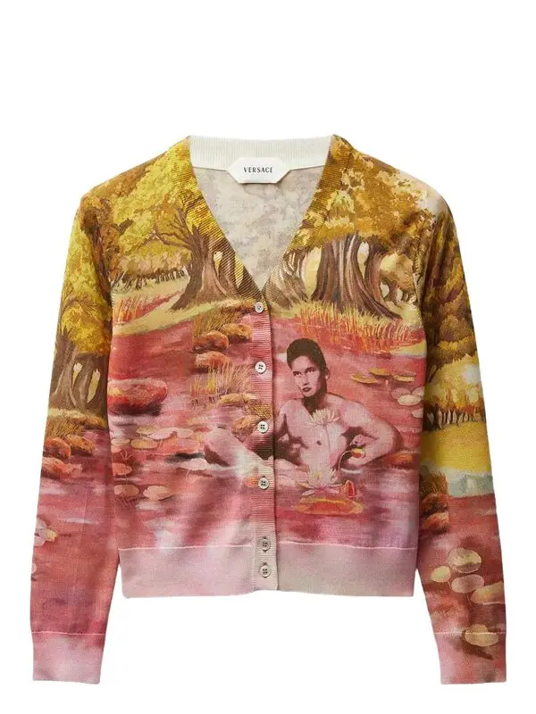 Versace The Naturist" Print Silk Knit Cardigan - Yellow