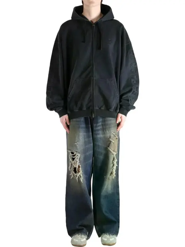 Vetements Hooded Embossed Zip-up Hoodie - Black