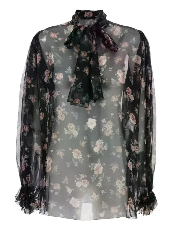 Dolce & Gabbana Floral Print Pussy Bow Blouse - Black