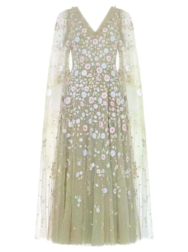 NEEDLE & THREAD Floral Embroidered Cape Sleeve Gown - Green