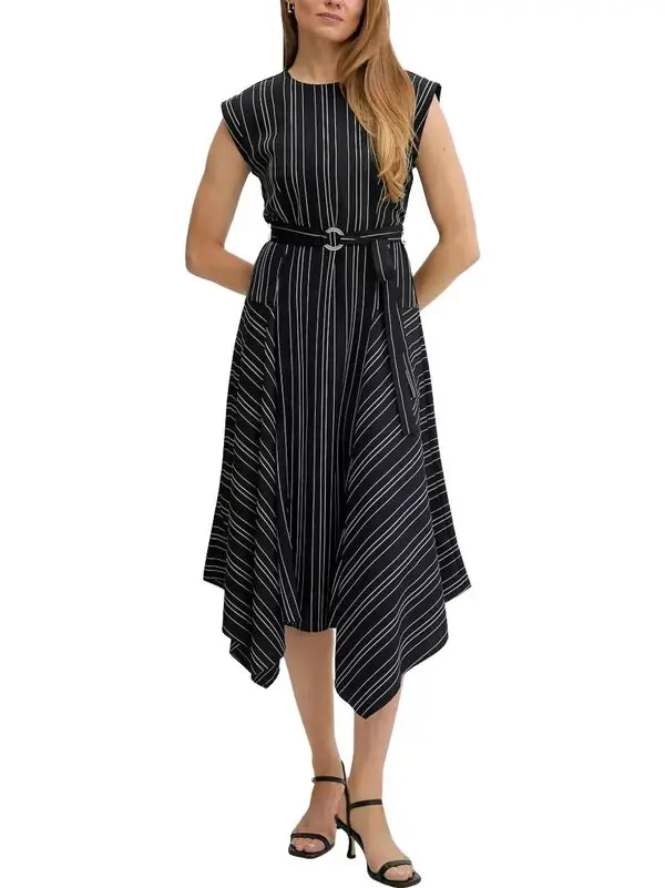 Dkny Striped Belted Sleeveless Round Neck Asymmetric Hem Dress - Black