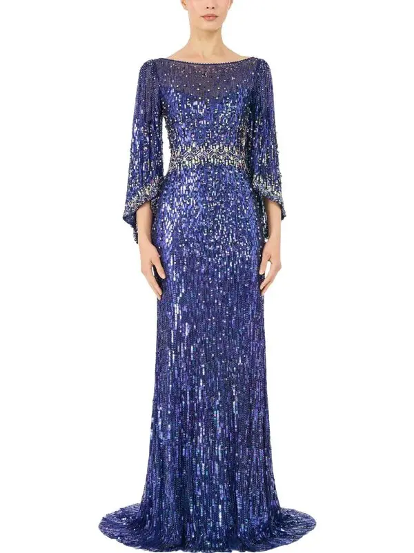 Jenny Packham Ines Embellished Long-sleeved Maxi Dress - Blue