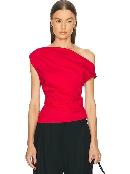 Staud Asymmetric Poplin Top - Cherry
