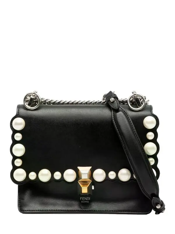 Fendi 2010-2025 Mini Scalloped Leather And Pearls Kan I Crossbody Bag - Black