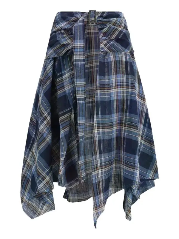 MARBELL Plaid Asymmetric-hem Skirt - Blue