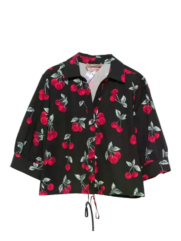 TWINSET Cropped Cherry Print Poplin Shirt - Black