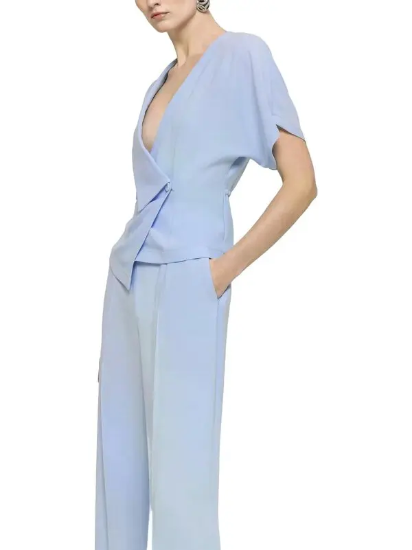 NISSA V-neck Crepe Top With Button Detailing - Blue