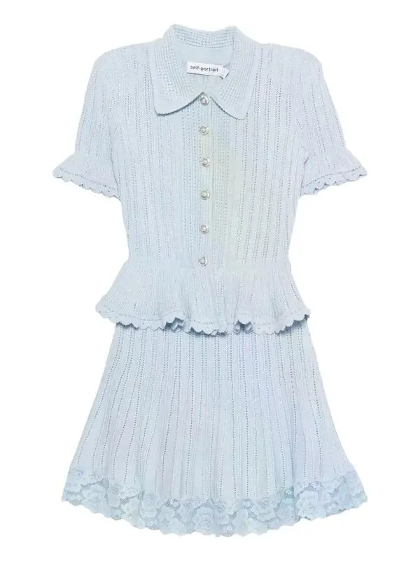 SELF-PORTRAIT Pointelle Peplum Knit Mini Dress - Blue