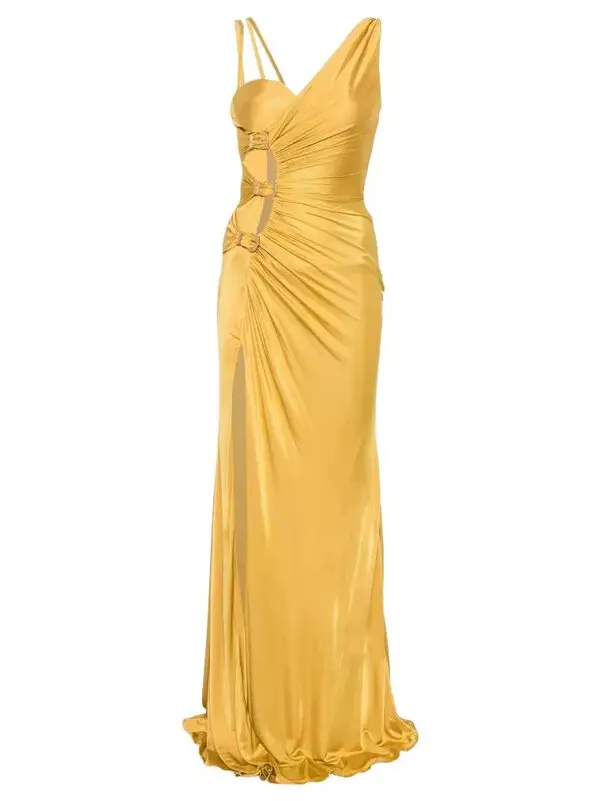 Versace Ruched Buckle Maxi Dress - Yellow