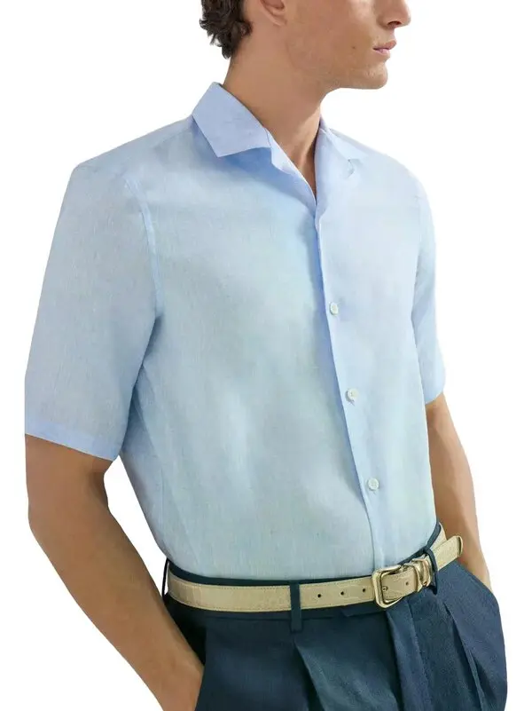 Brunello Cucinelli Linen Easy Fit Short-sleeve Shirt With Camp Collar - Blue