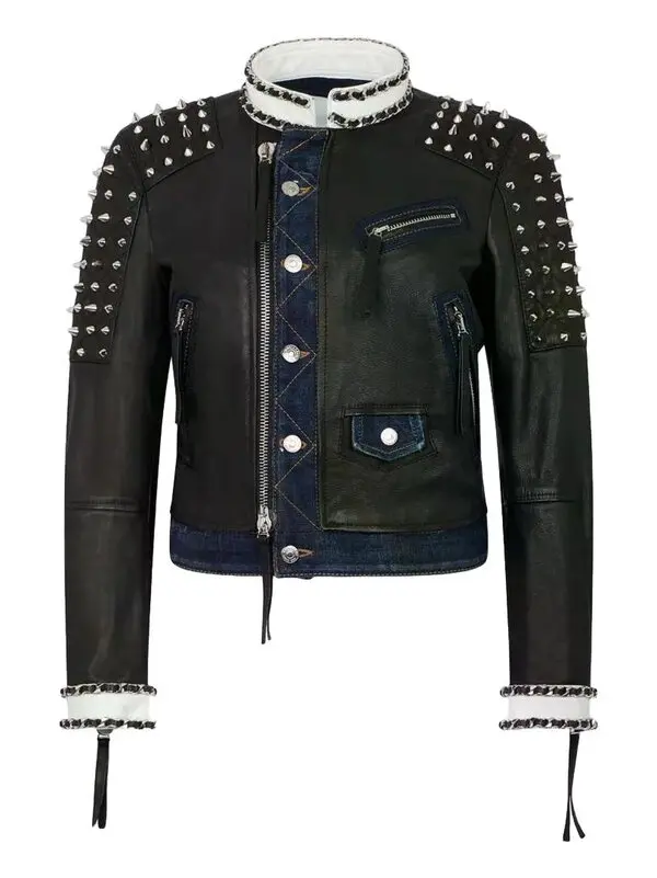Dsquared2 Studded Leather Biker Jacket With Denim Detailing - Black