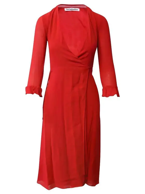 REFORMATION Wrap-detail Ruffle Midi Dress - Red
