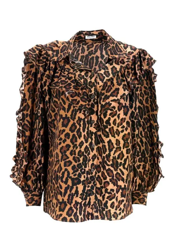 Miu Miu Leopard Print Ruffled Silk Shirt - Neutrals