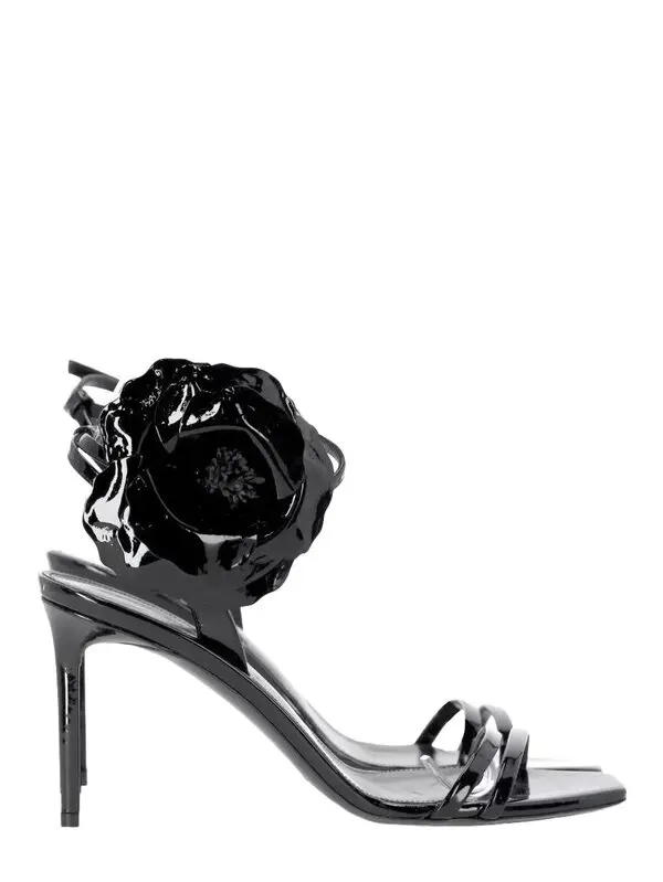 Saint Laurent Flower Embellishment Ankle Strap Square Toe Stiletto Sandals - Black