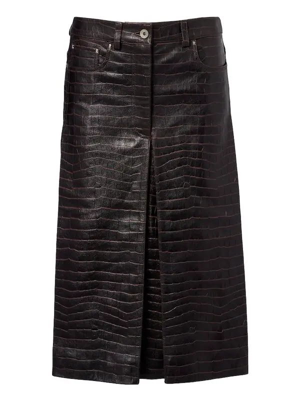 Rabanne Pleated Croc-effect Leather Midi Skirt - Brown