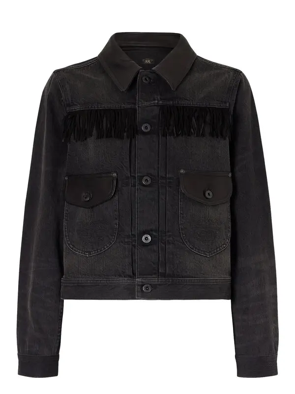 Ralph Lauren Emerson Cropped Denim Jacket With Leather Trim And Fringe - Black