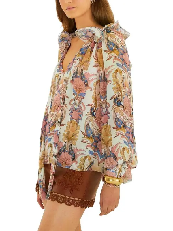 Farm Rio Sea Garden Ruffled Long Sleeve Blouse - Neutrals