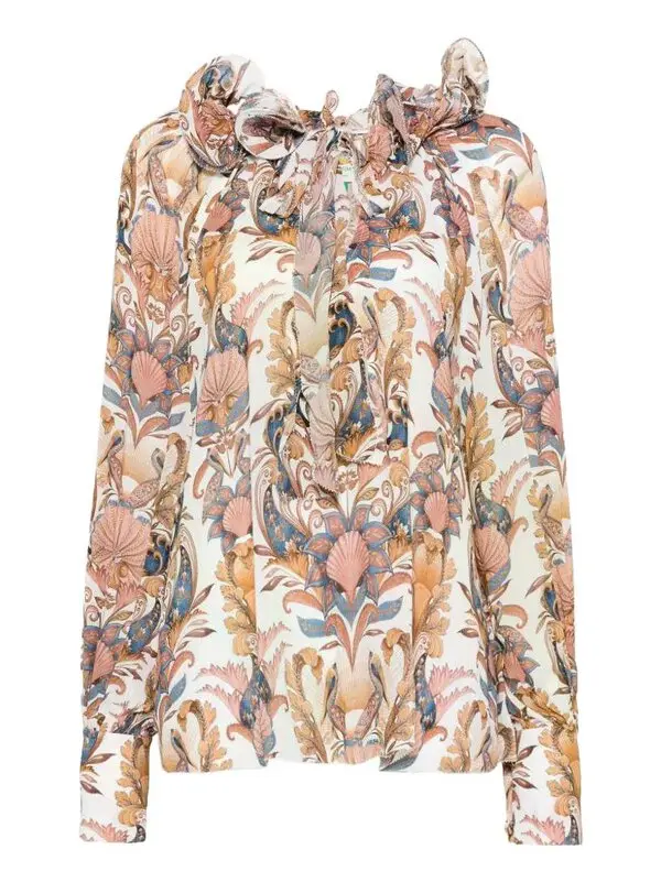 Farm Rio Sea Garden Ruffled Long Sleeve Blouse - Neutrals