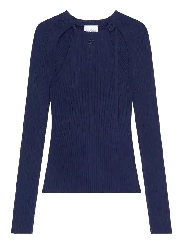 COURREGES Ribbed Knit Cut-out T-shirt - Blue