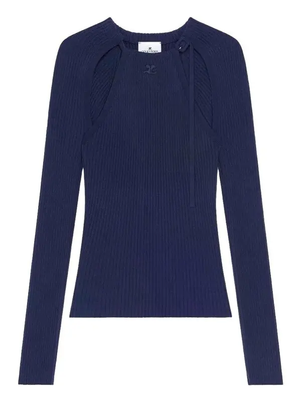 COURREGES Ribbed Knit Cut-out T-shirt - Blue