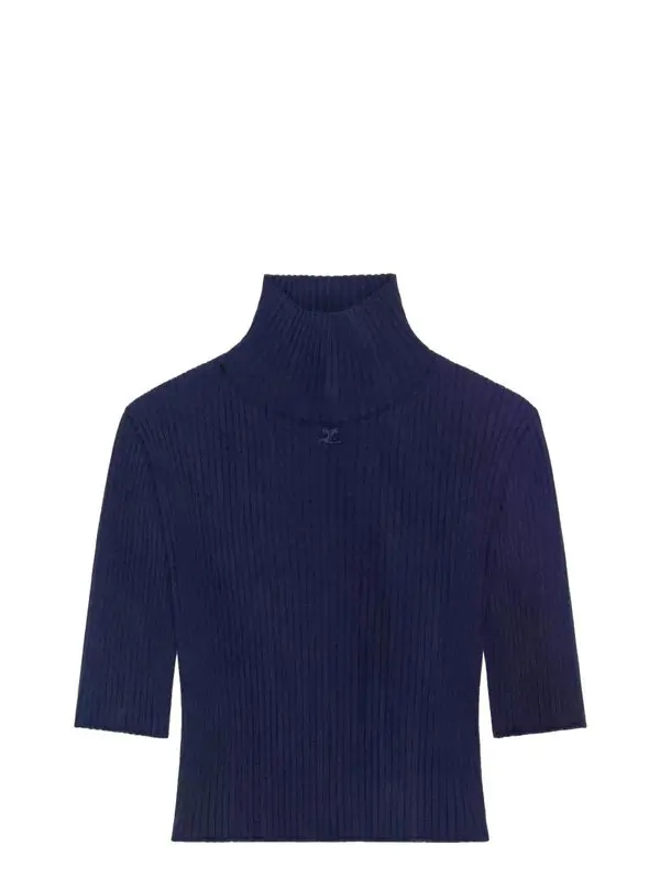 COURREGES Ribbed Knit Cropped Top With Logo Detail - Blue