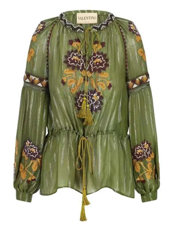 Valentino Garavani Floral Bead-embellished Blouse - Green