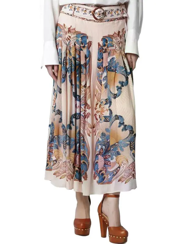 Farm Rio Belted Floral Pleated Midi Skirt - Neutrals