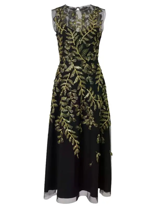 Carolina Herrera Gold Leaf Embroidered Tulle Midi Dress - Black