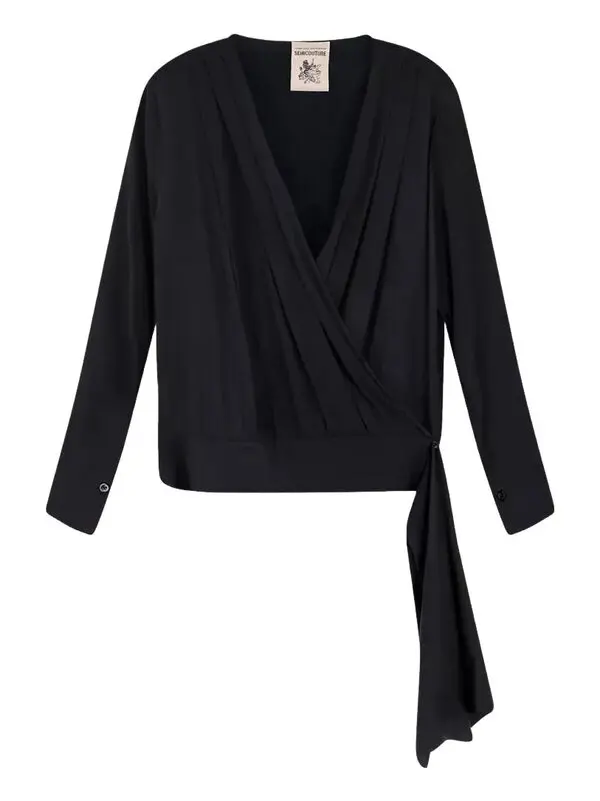 SEMICOUTURE Satin Wrap Blouse With Buttoned Cuffs - Black