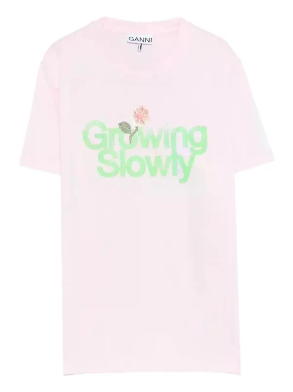 GANNI Rose Floral Print Crew Neck Short Sleeve T-shirt - Pink
