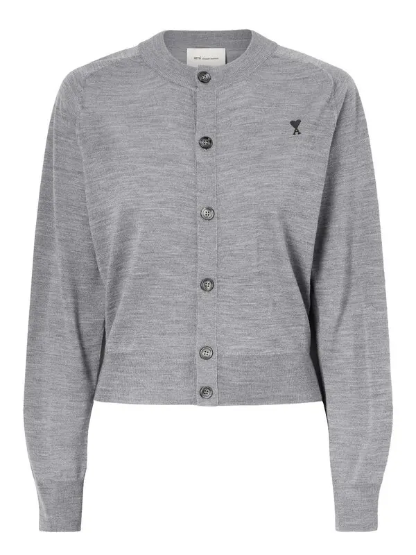 AMI Paris Embroidered Merino Wool Cardigan - Gray