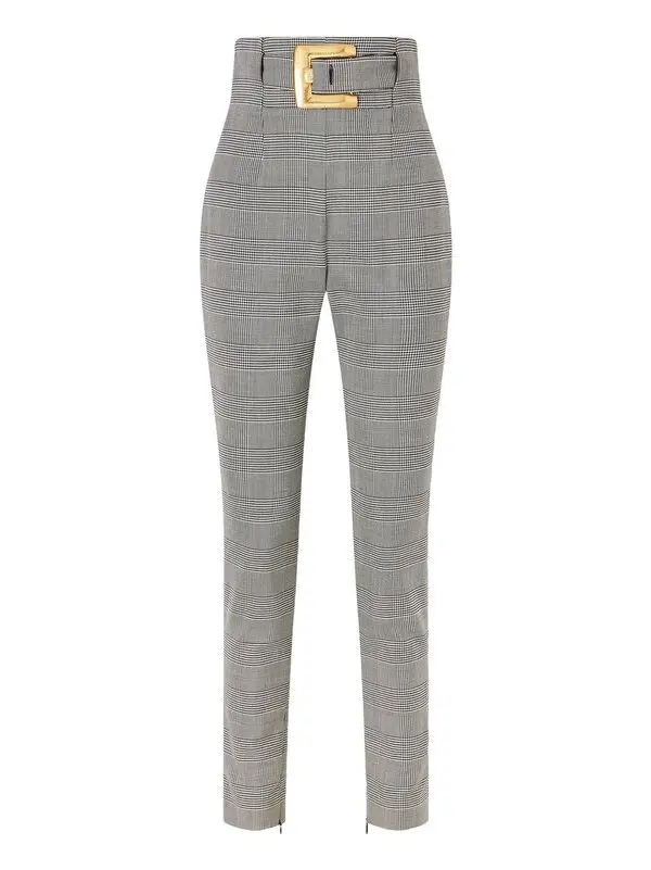 Balmain Belted Prince Of Wales Checked Wool-blend Skinny Pants - Black