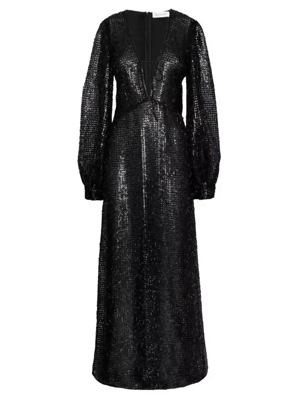 Raquel Diniz Maxi Dress With Sequin Embellishment And Plunge Neck - Black