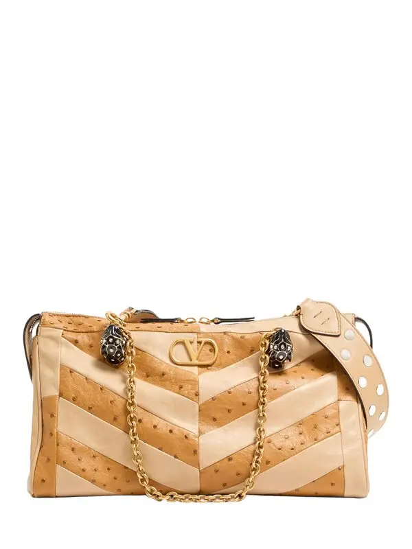 Valentino Garavani Medium Ostrich Leather Panthea Tote Bag - Beige