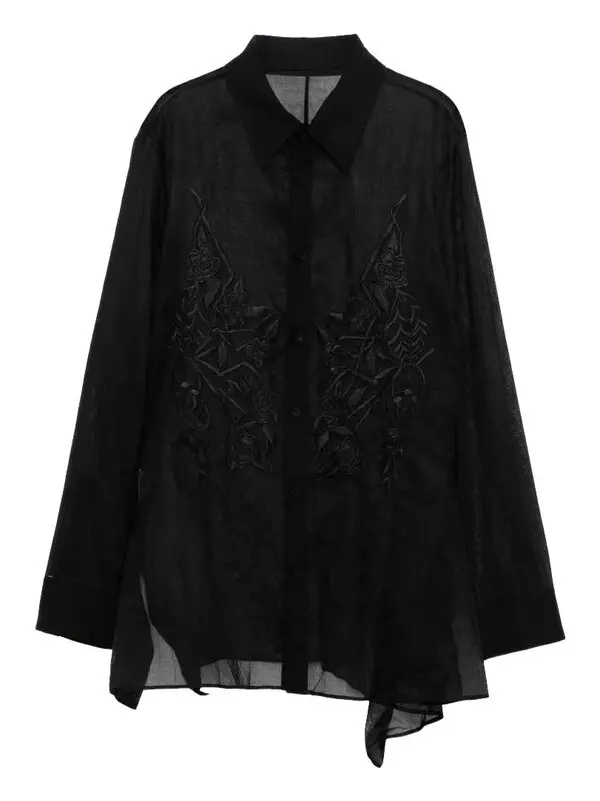 Yohji Yamamoto Cotton Flared Hem Shirt With Floral Embroidery - Black