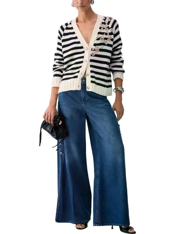 Liu Jo Striped Cardigan With Jewel Embroidery - Neutrals