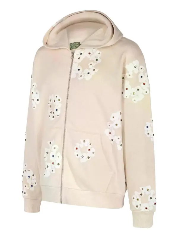 DENIM TEARS Rhinestone Cotton Wreath Zip Hoodie - Neutrals