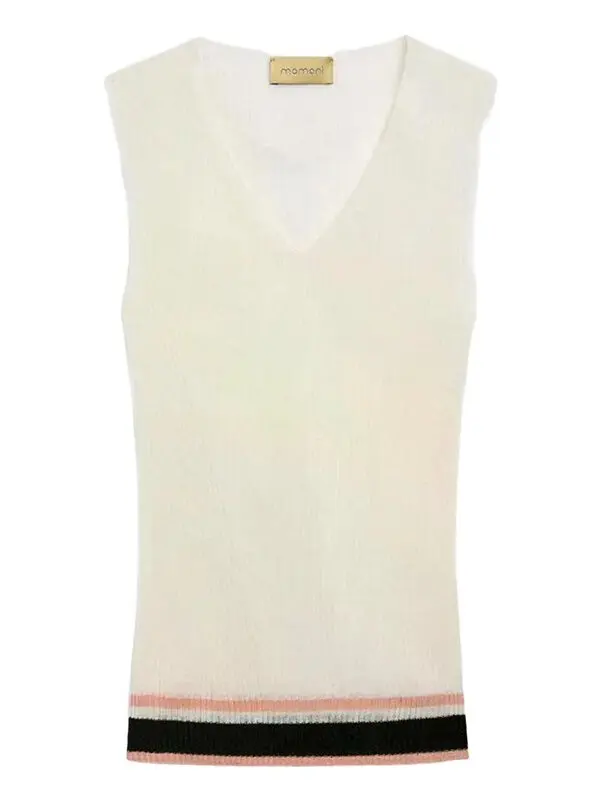 Momoni Ribbed V-neck Top With Striped Trim - Neutrals