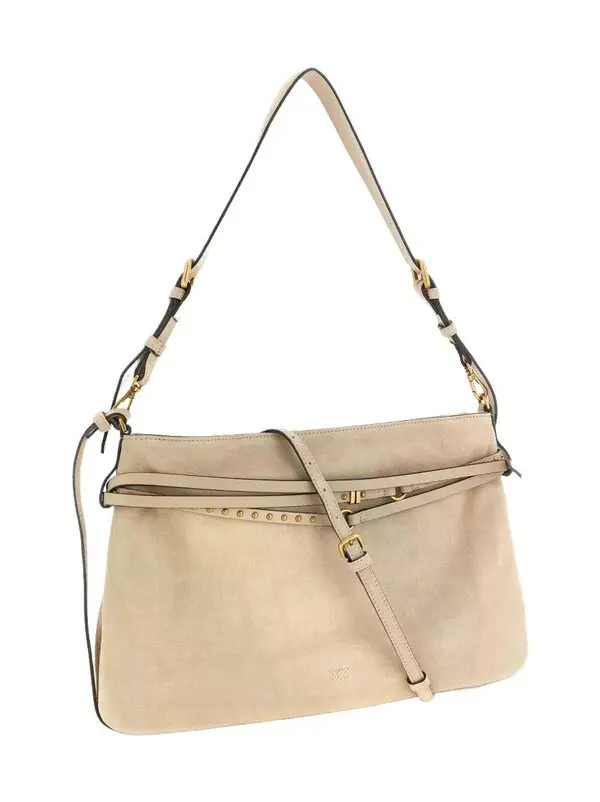 Pinko Studded Leather Shoulder Bag With Love Birds Buckle - Neutrals