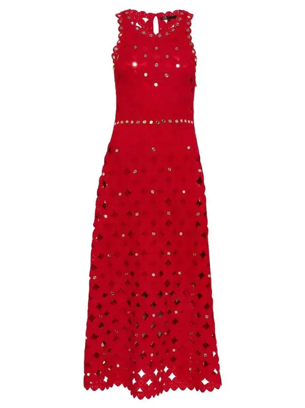 Maje Scalloped Detail Openwork Midi Dress - Red