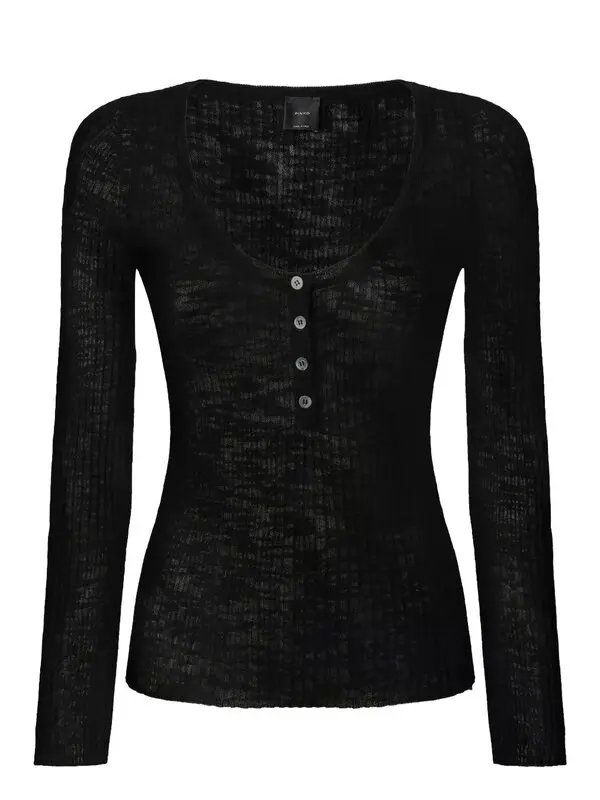 Pinko Ribbed Long-sleeve Sweater With Granddad Button Placket - Black