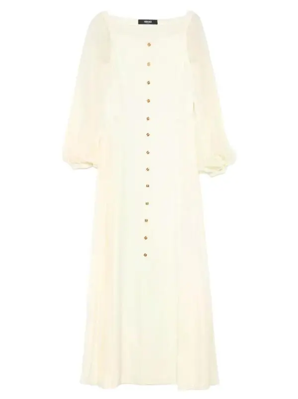 Versace Pleated Maxi Dress With Square Neck And Long Sleeves - Yellow