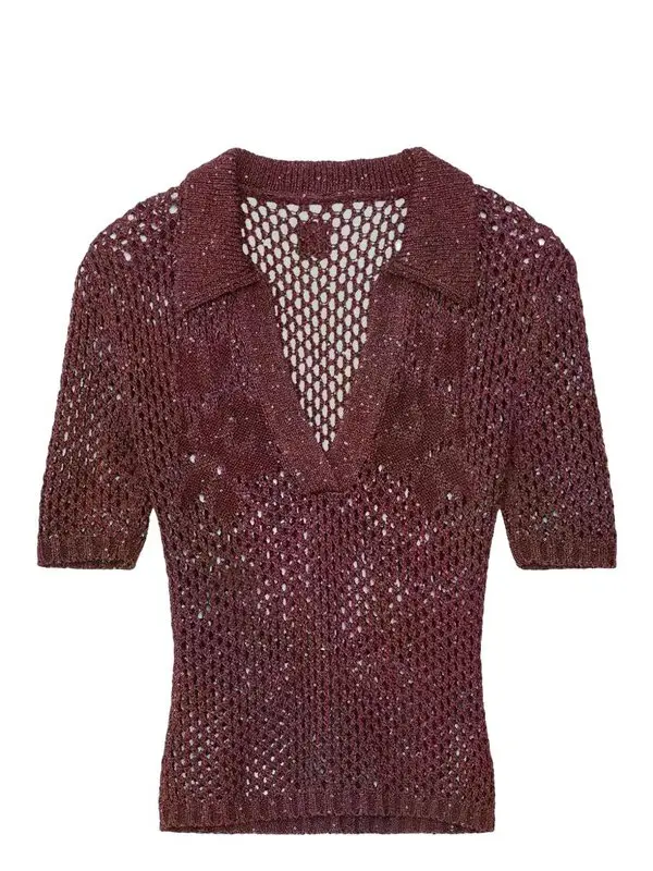 Amiri Floral Crochet Polo Top - Brown