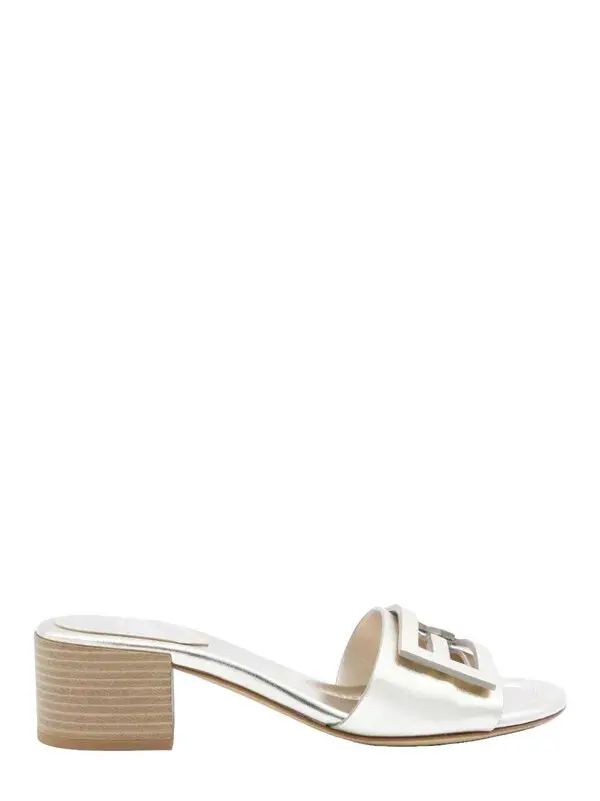 Fendi Baguette Platinum Logo Block Heel Sandals - Silver
