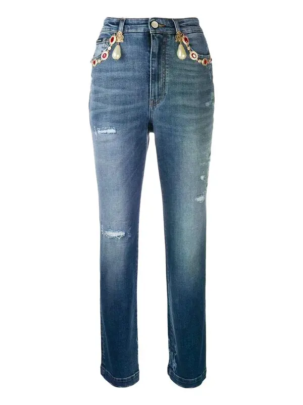 Dolce & Gabbana High-waisted Cropped Bell-bottom Jeans With Embellished Pockets - Blue