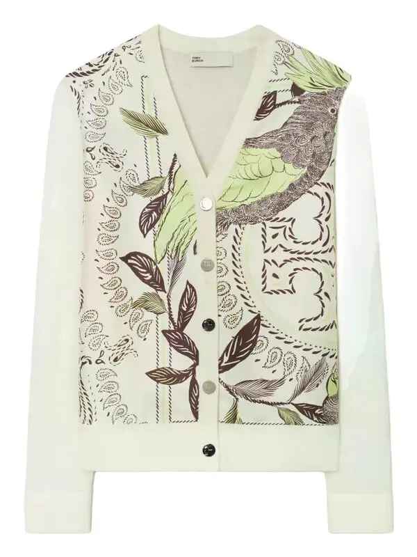 Tory Burch Printed Silk & Merino Wool Cardigan - Neutrals