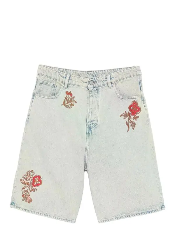 Drole De Monsieur Floral-embroidered Denim Shorts - Blue