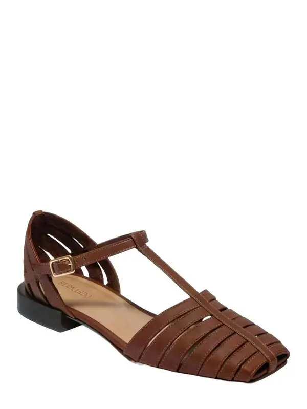Bernardo T-strap Flat Pumps With Square Toe - Brown
