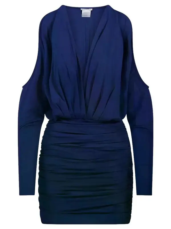 AMAZUIN Cold-shoulder V-neck Long Sleeve Dress - Blue