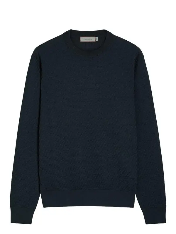 Canali Textured Cotton-blend Crew Neck Jumper - Navy